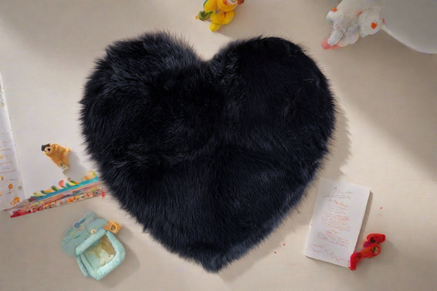 Black Heart Faux Fur Rug, Luxury Fluffy Area Rug - 80x80 cm – Rugskart